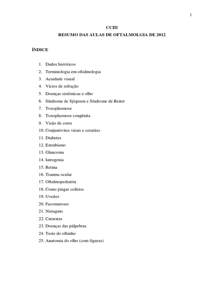 Resumo Oftalmo | PDF | Glaucoma | Olho