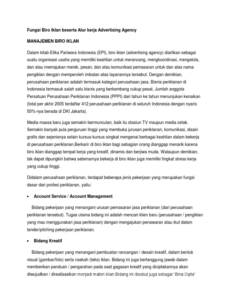 Fungsi Biro Iklan Beserta Alur Kerja Advertising Agency | PDF