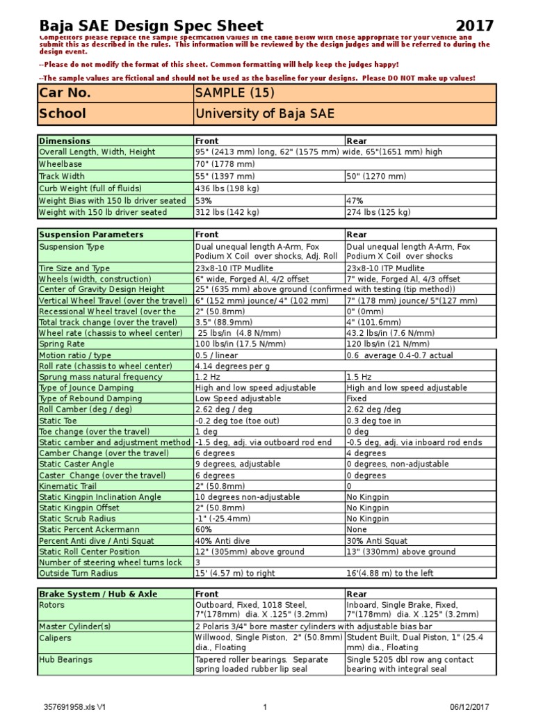 Baja SAE Design Spec Sheet 2017: Car No. School | PDF | Transmission ...