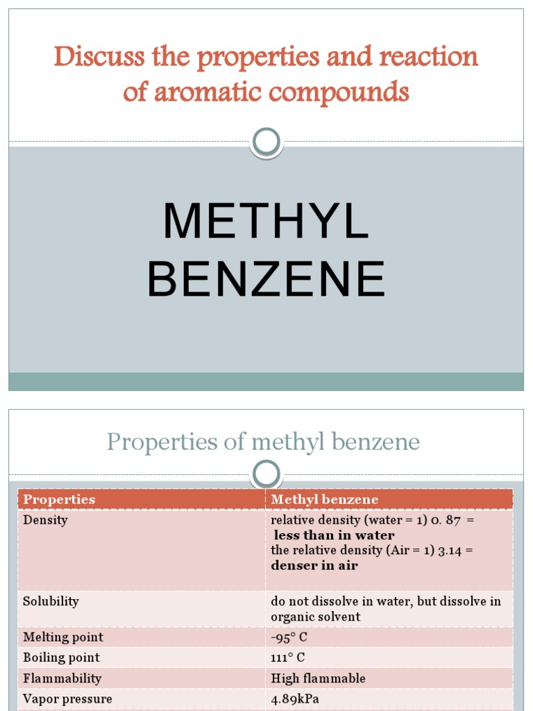 Methylbenzene Properties and Reactions | PDF | Benzene | Chemical Reactions