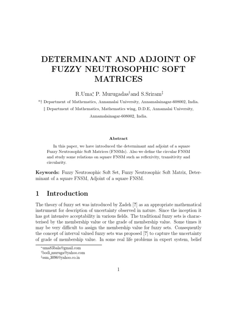 Determinant and Adjoint of Fuzzy Neutrosophic Soft Matrices | PDF ...