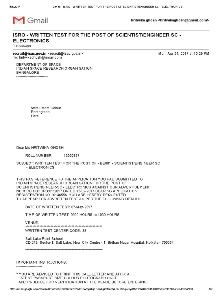 Gmail - Isro - Written Test For The Post of Scientist - Engineer SC ...