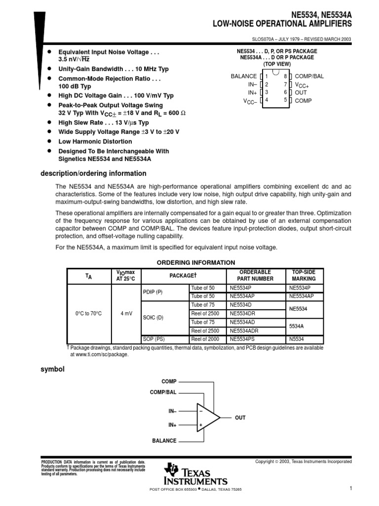 NE5534 | PDF | Amplifier | Operational Amplifier
