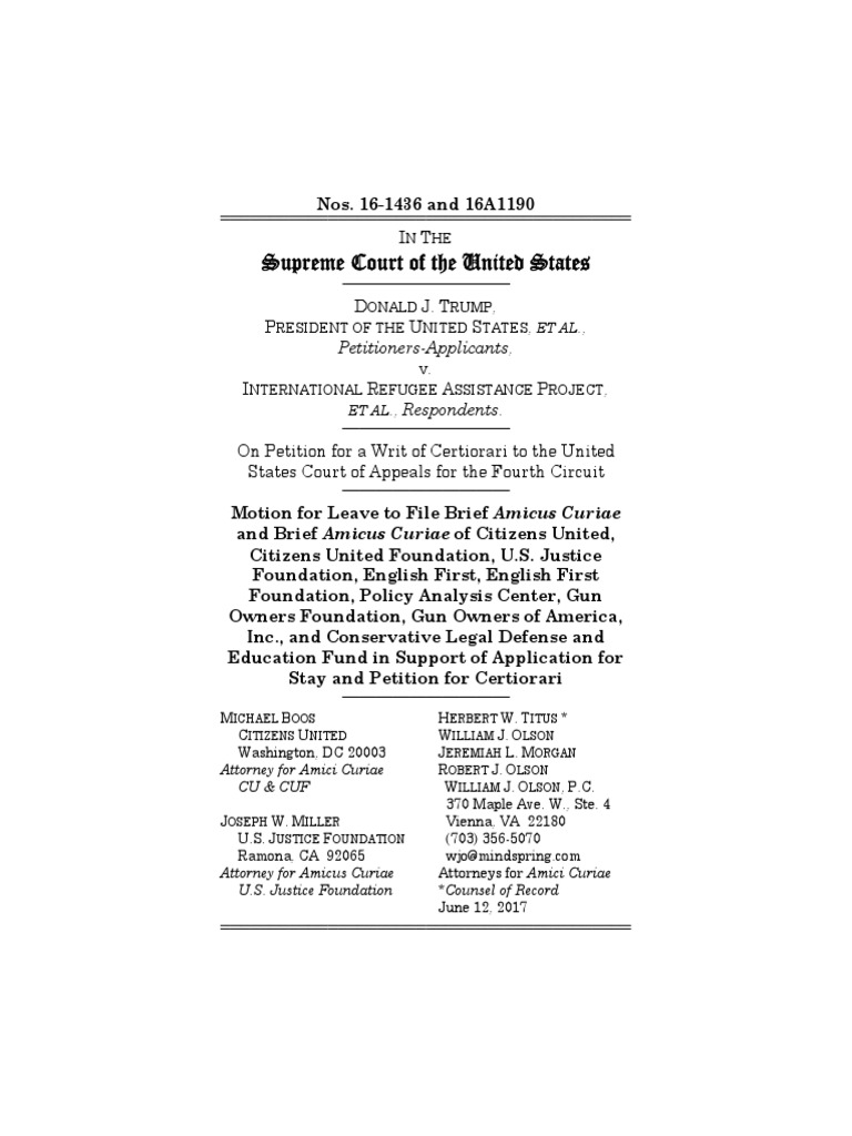 CU and CUF File Amicus Brief at Supreme Court Backing Pres. Trump and ...