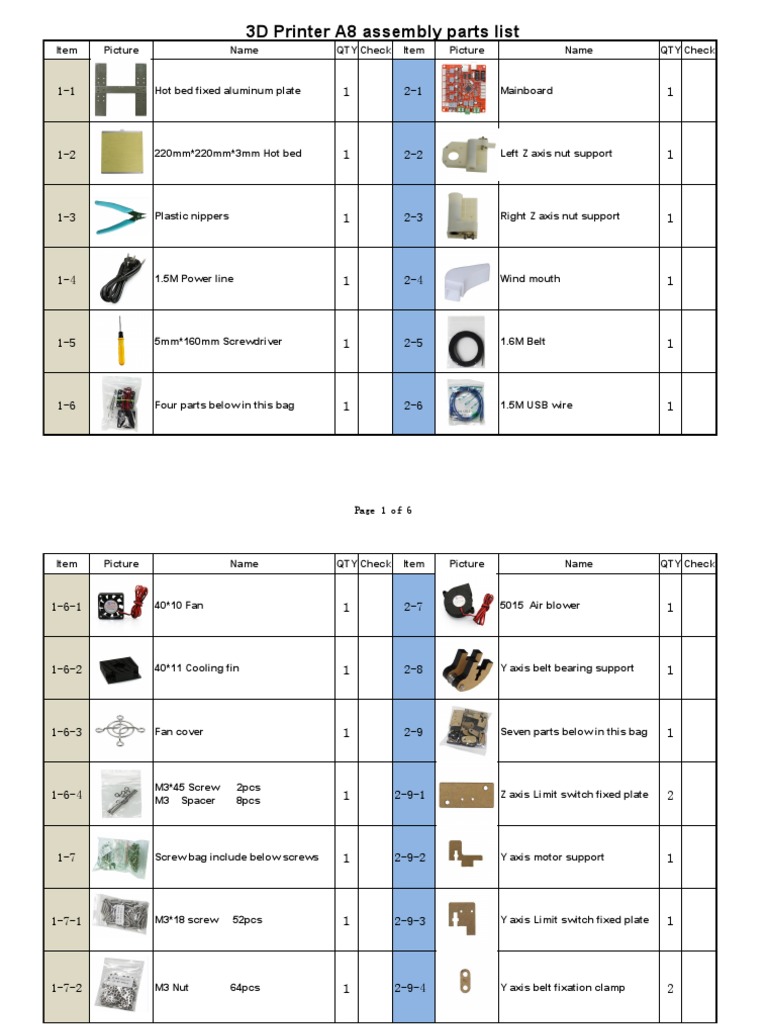 Assembly Parts List for the 3D Printer A8 with Detailed Images and ...