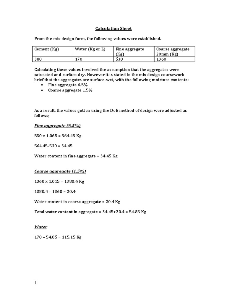 Concrete Mix Design Calculation Sheet | PDF