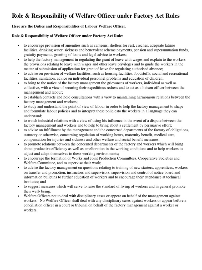 Role & Responsibility of Welfare Officer Under Factory Act Rules | PDF | Welfare | Pension