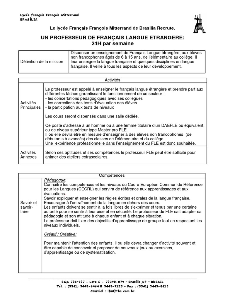 Fiche de Recrutement Poste de Prof de FLE | Langue française | Pédagogie