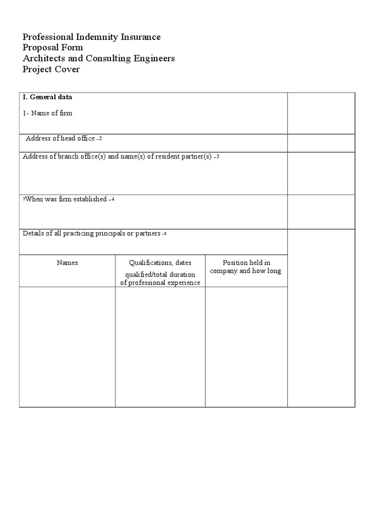 Professional Indemnity Insurance Proposal Form Architects and ...