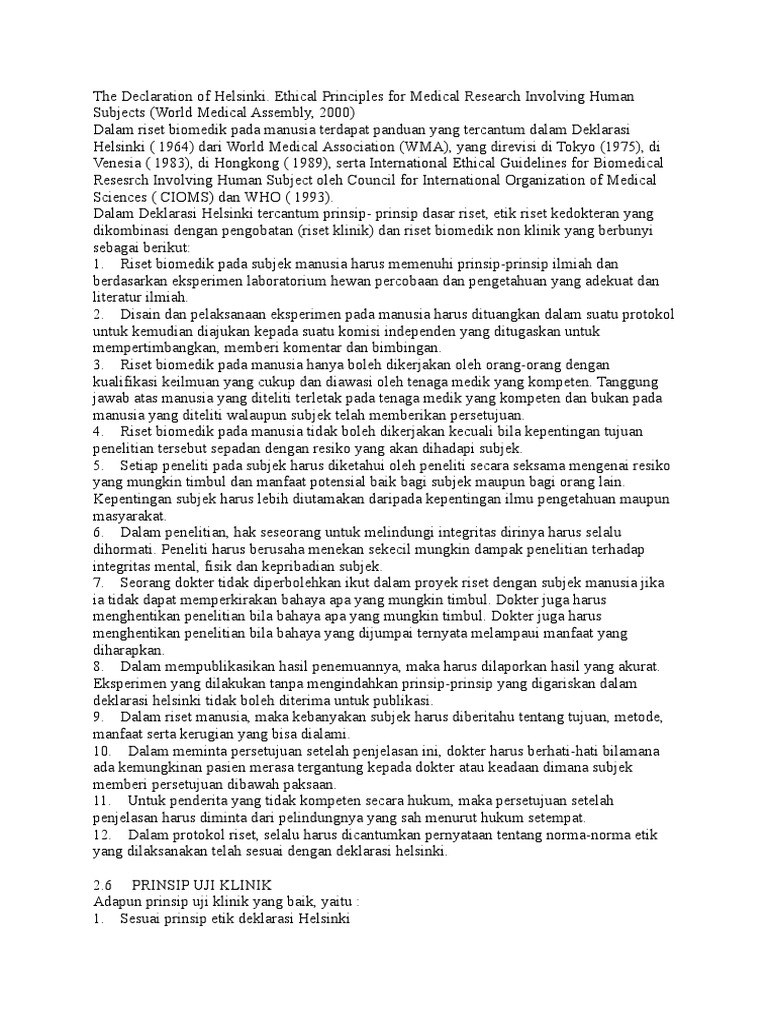 PRINSIP-PRINSIP ETIS PENELITIAN BIOMEDIK MENURUT DEKLARASI HELSINKI | PDF