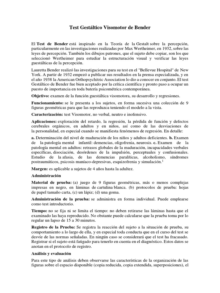 Test Gestáltico Visomotor de Bender, Historia y Más. | PDF | Sicología ...