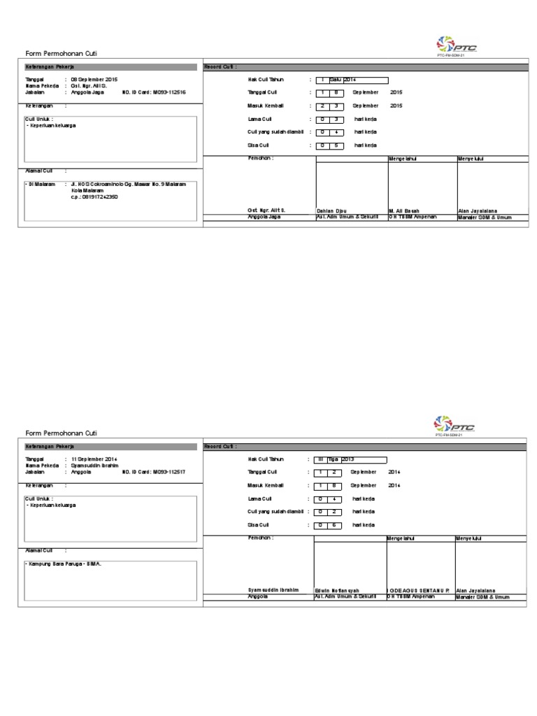 Contoh Form Cuti Panjar Cuti | PDF
