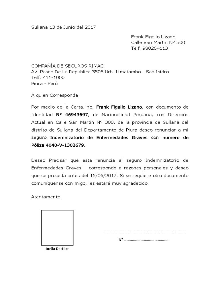 Carta de Renuncia Al Seguro Rimac | PDF