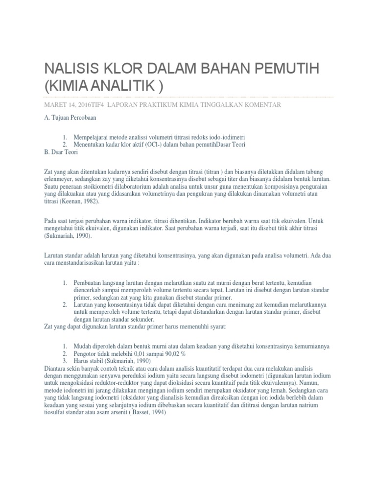 Nalisis Klor Dalam Bahan Pemutih | PDF