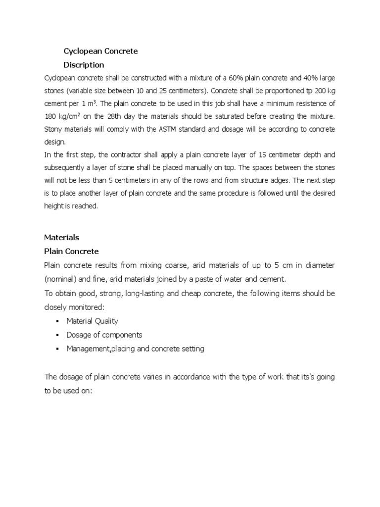 Cyclopean Concrete Specifications and Uses | PDF | Masonry | Concrete