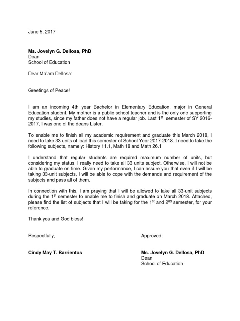 Cindy Letter for the Dean_overload Copy | Primary Education | Doctor Of ...