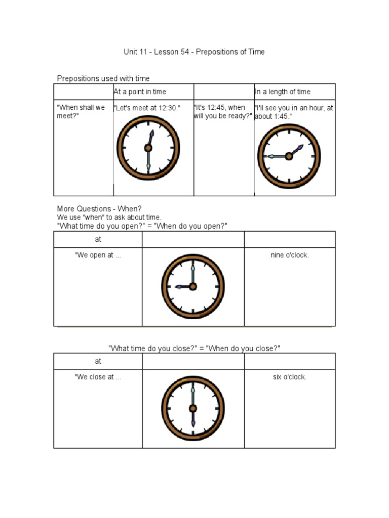 Lesson 54 - Prepositions of Time | PDF