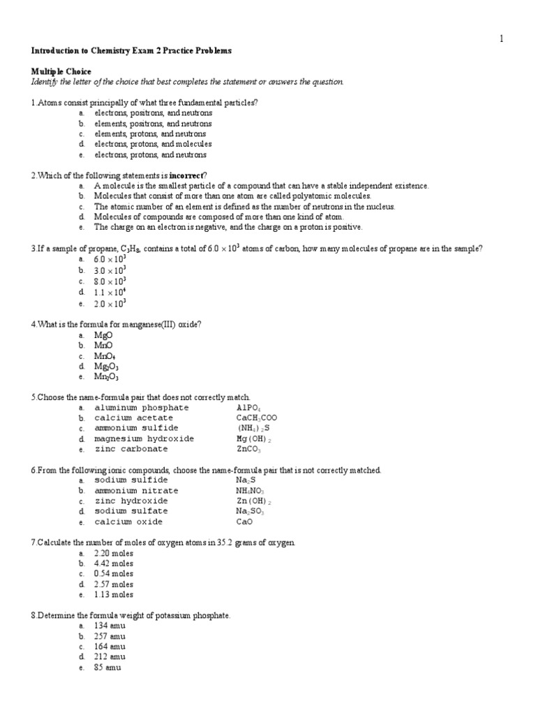 Intro Chem Exam 2 Review sp08 PDF | PDF | Mole (Unit) | Atoms