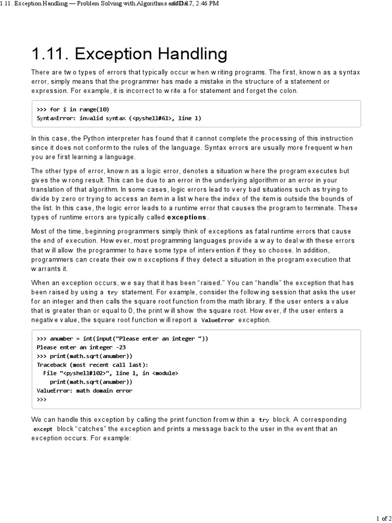 111 Exception Handling Problem Solving With Algorithms And Data Structures Download Free 