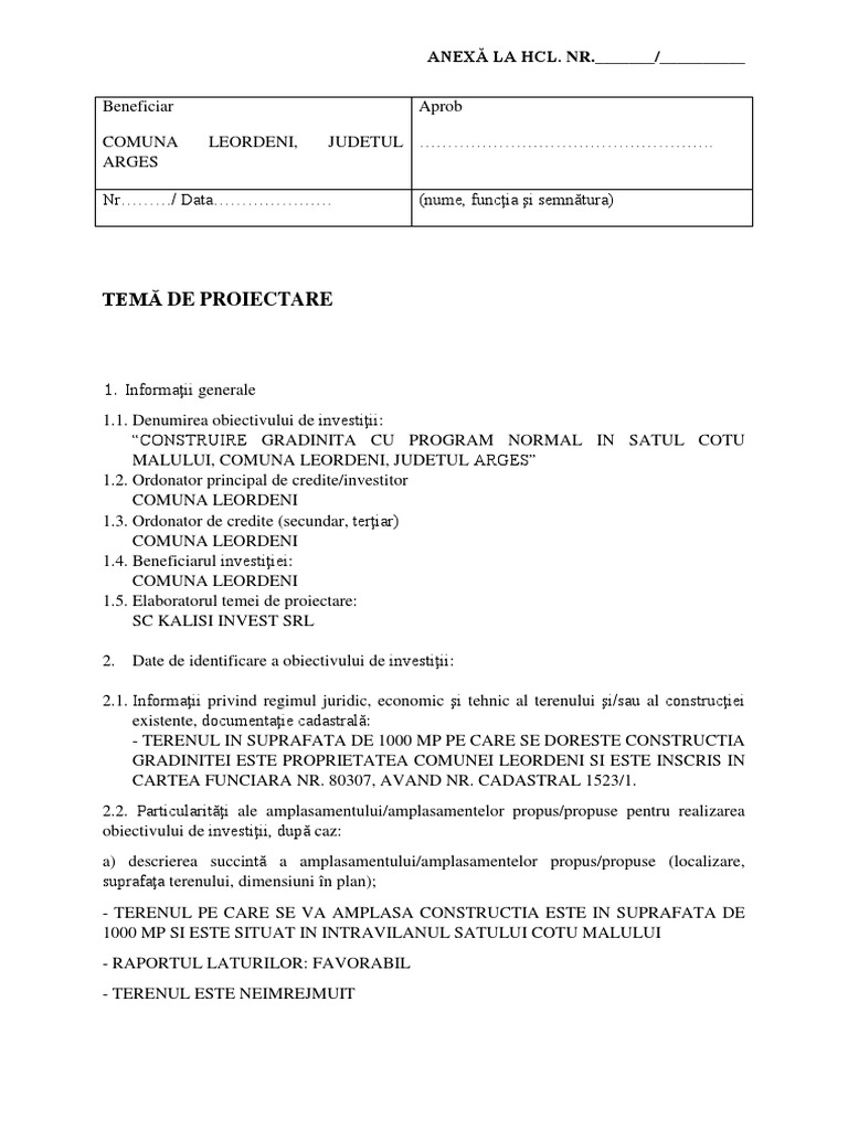 Tema de Proiectare Gradinita LEORDENI | PDF