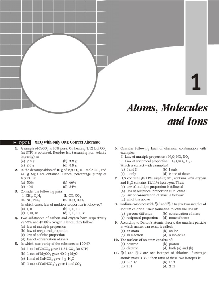 Worksheet On Atoms, Molecules and Ions | PDF | Mole (Unit) | Hydrogen
