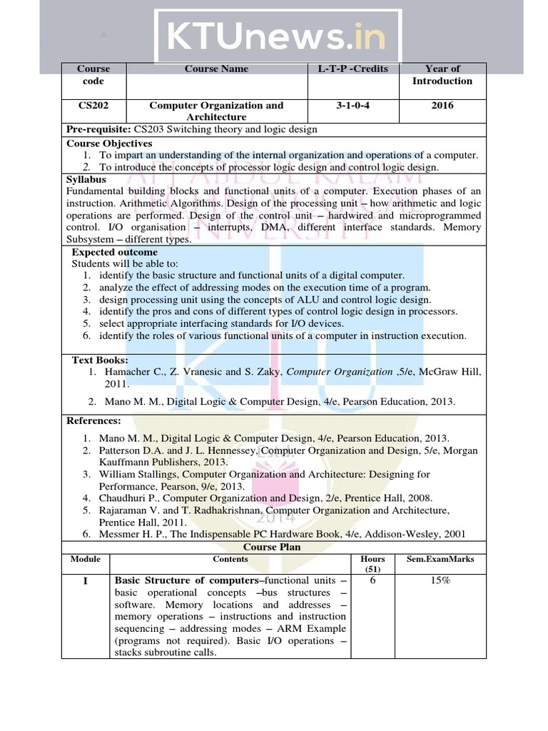 Cs202 Computer Organisation And Architecture Ktu S4 Syllabus Central Processing Unit
