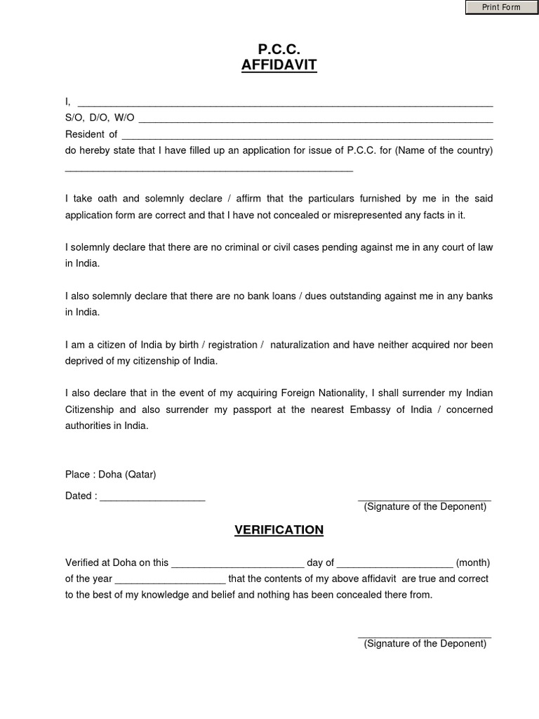 P.C.C. Affidavit Template for India | PDF