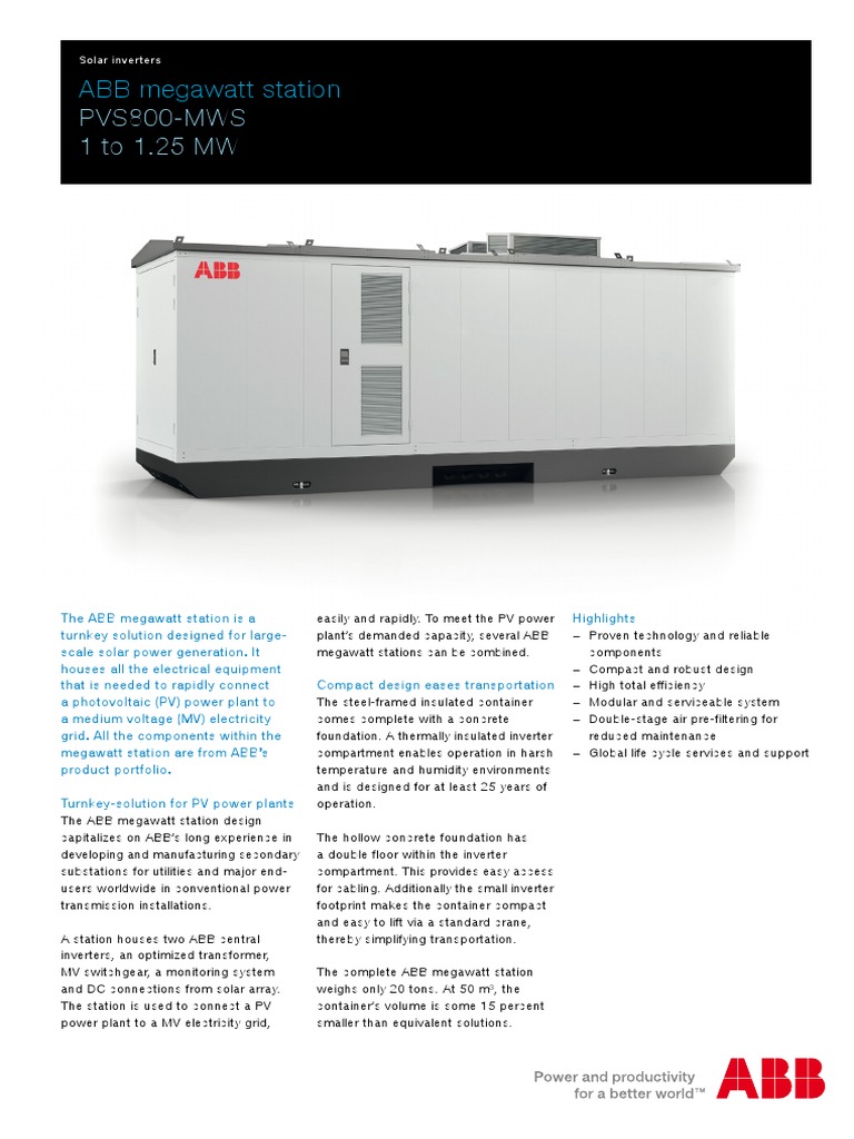 Megawatt Station Inverter PVS800 1 To 1.25MW-ABB | PDF | Power Inverter ...