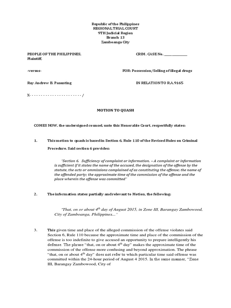 Sample Motion To Quash | PDF | Criminal Procedure In South Africa ...