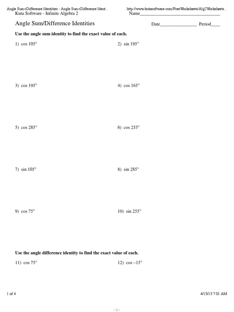 Angle Sum+Difference Identities - Angle Sum+Difference Identities | PDF ...
