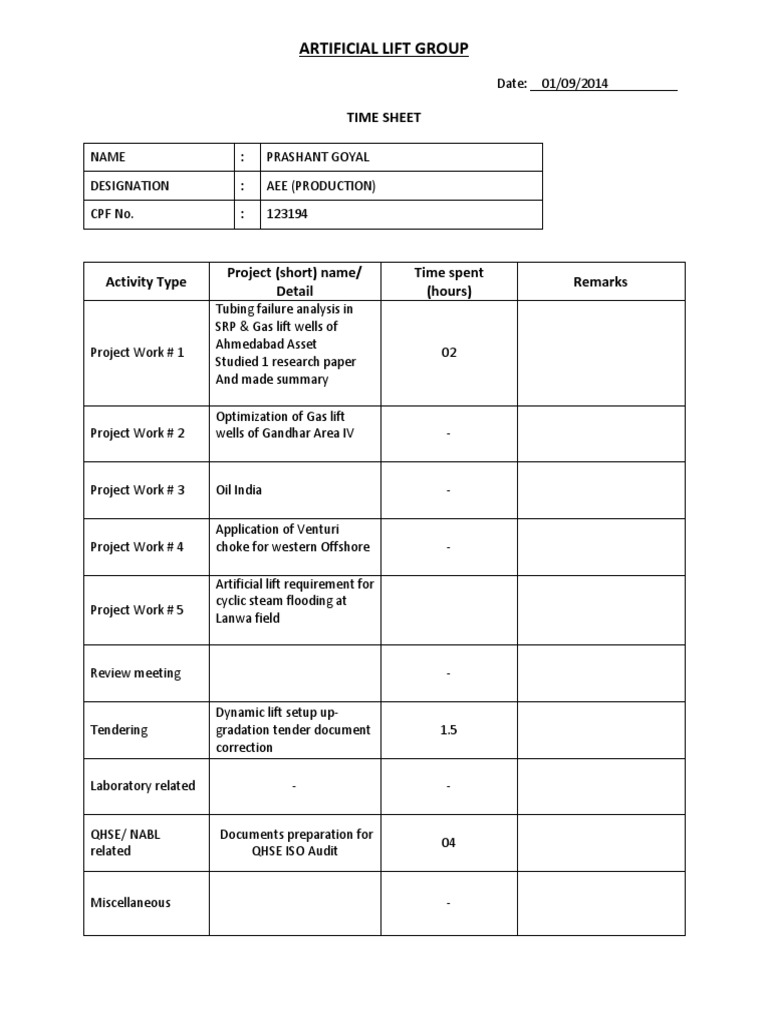 Artificial Lift Group: Time Sheet | PDF