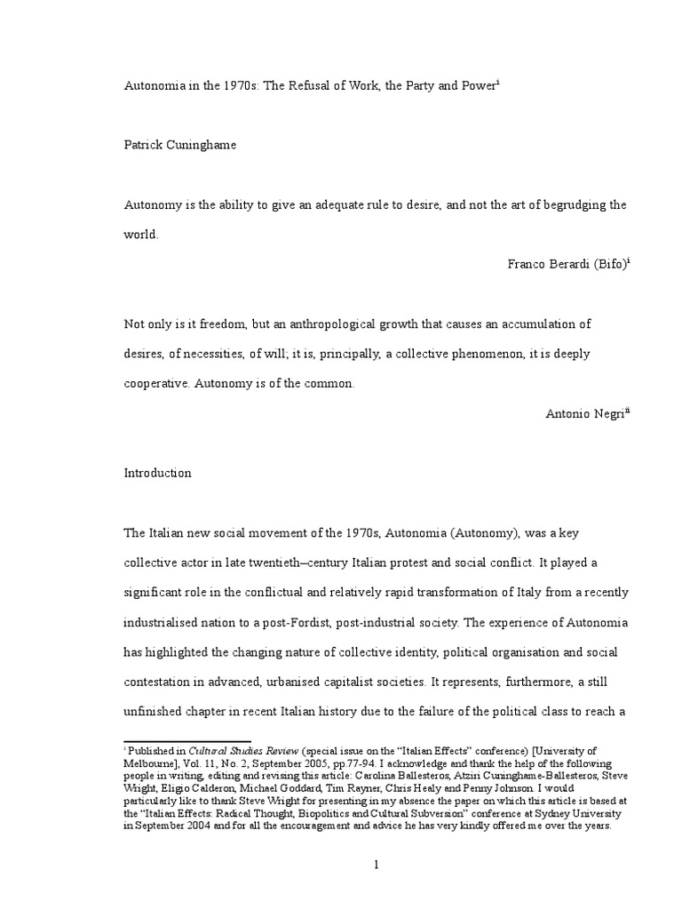 Autonomia in The 1970s: The Refusal of Work, The Party and Power | PDF ...