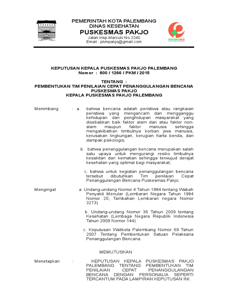 SK Penanggulangan Bencana Puskesmas Pakjo | PDF