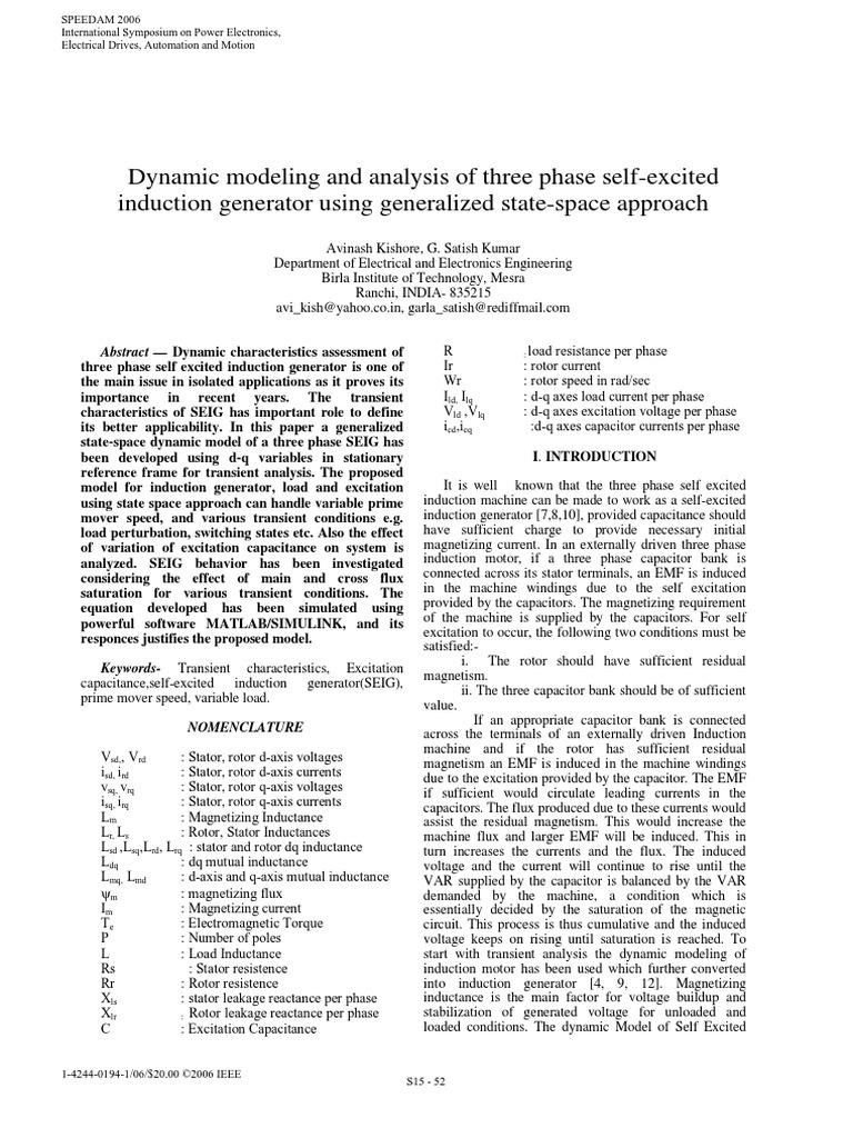 Dynamic Modeling And Analysis Of Three Phase Self Excited Induction Generator Using Generalized