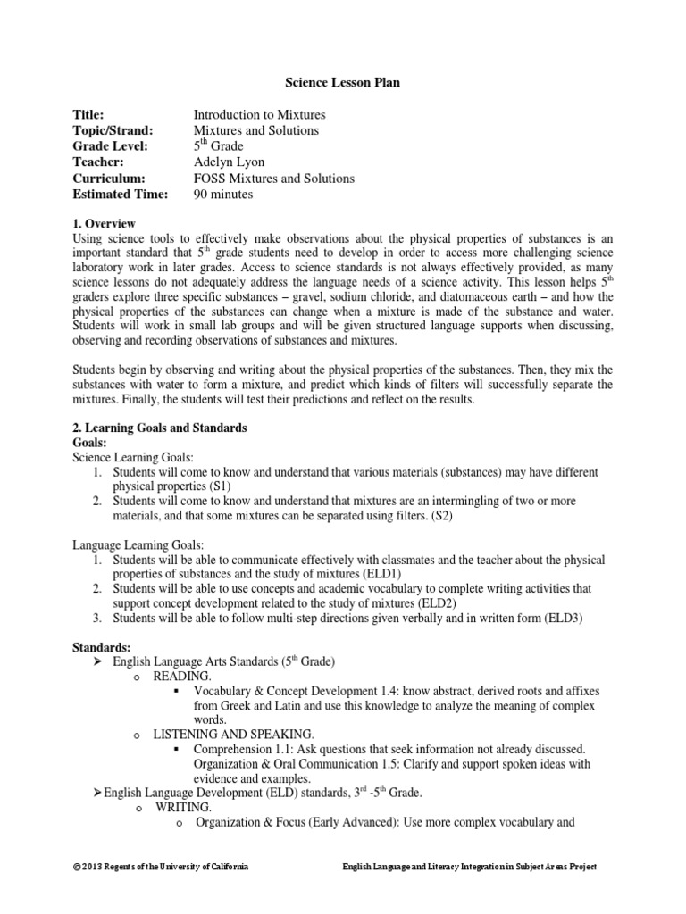 Mixtures Lesson Plan 1 Intro to Mixtures Lyon | Reading Comprehension ...