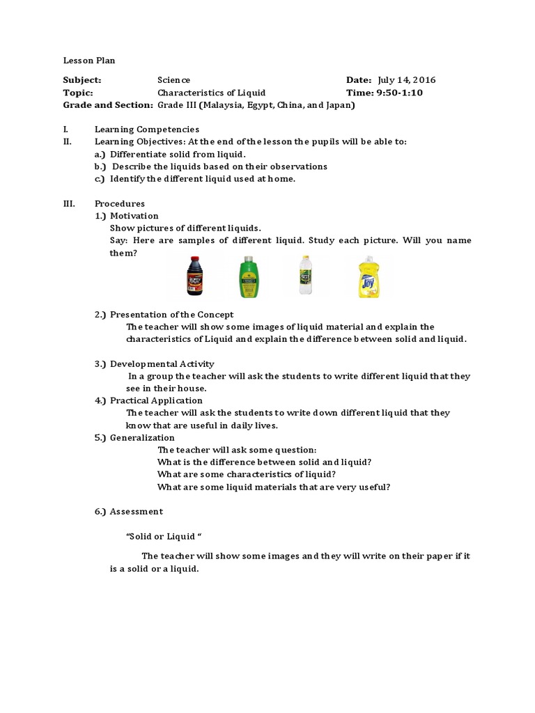 Characteristics of Liquids Lesson Plan | PDF