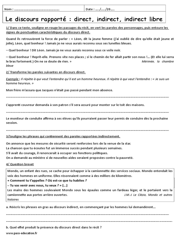 Direct Indirect Indirect Libre 3ème Exercices À Imprimer Sur Les Discours Rapportés | PDF