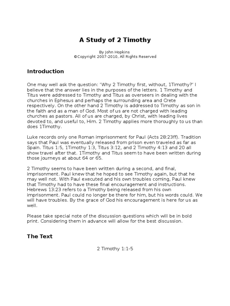 A Study of 2 Timothy | PDF | Saint Timothy | Paul The Apostle