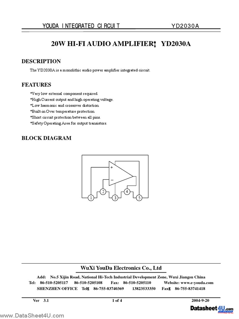 YD2030A 20W Hi-Fi Audio Amplifier | PDF