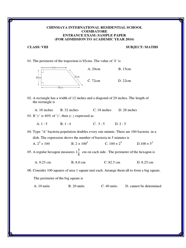 Chinmaya International Residential School Coimbatore Entrance Exam ...