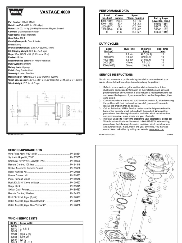Warn Vantage 4000 - Performance Table | PDF | Mechanical Engineering ...