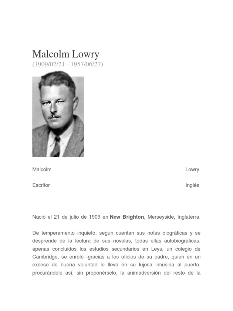 Malcolm Lowry: Vida y Obras | PDF