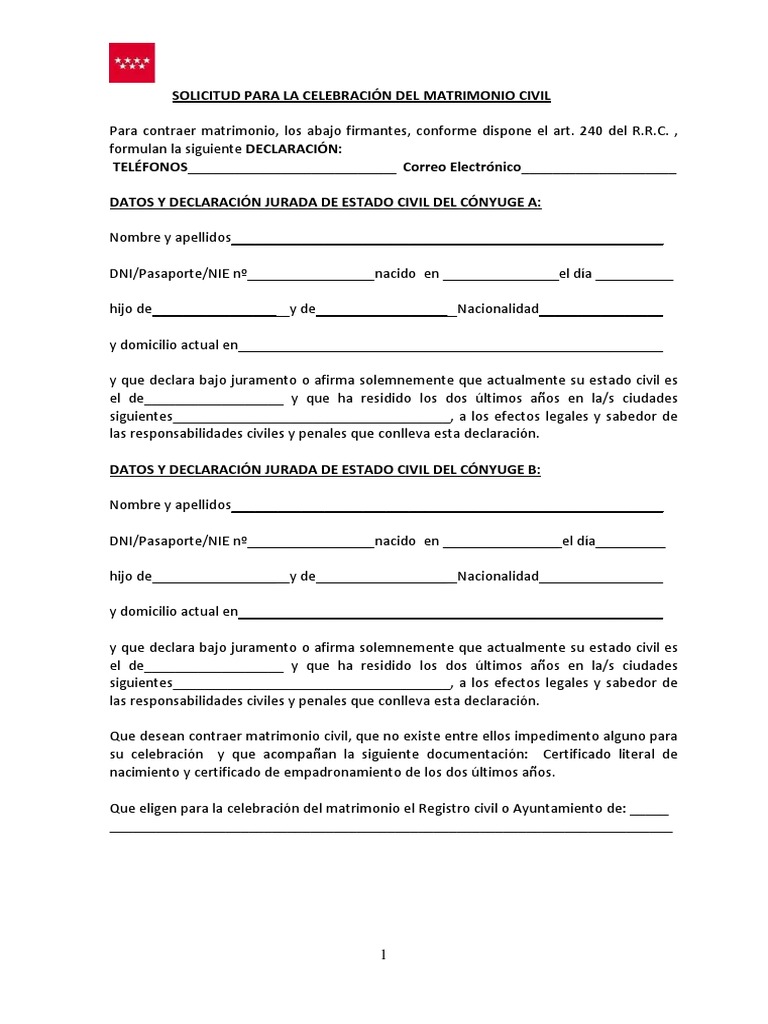 Solicitud Matrimonio Civil | Gobierno y personalidad | Instituciones sociales