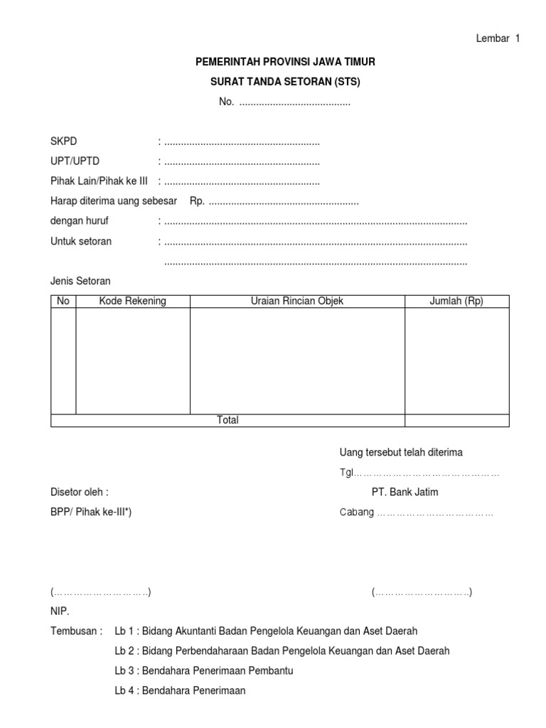 Contoh Surat Tanda Setoran (STS) | PDF | Pengelolaan Keuangan & Uang