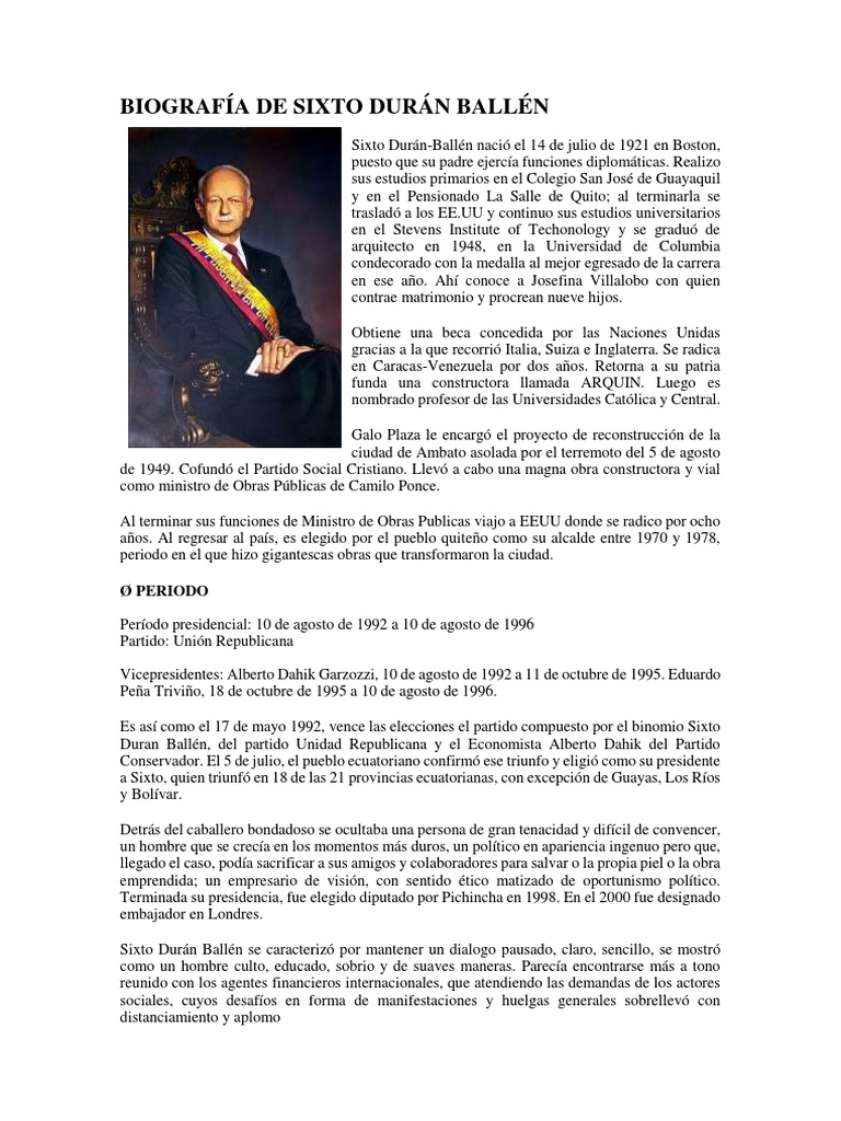 BIOGRAFÍA DE SIXTO DURÁN BALLÉN y abdala bucaram.docx | Ecuador | Política