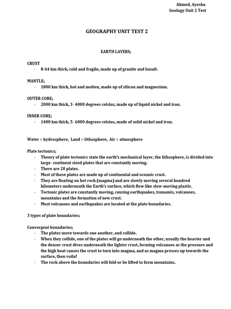Geography Unit Test 2 | PDF | Rock (Geology) | Volcano