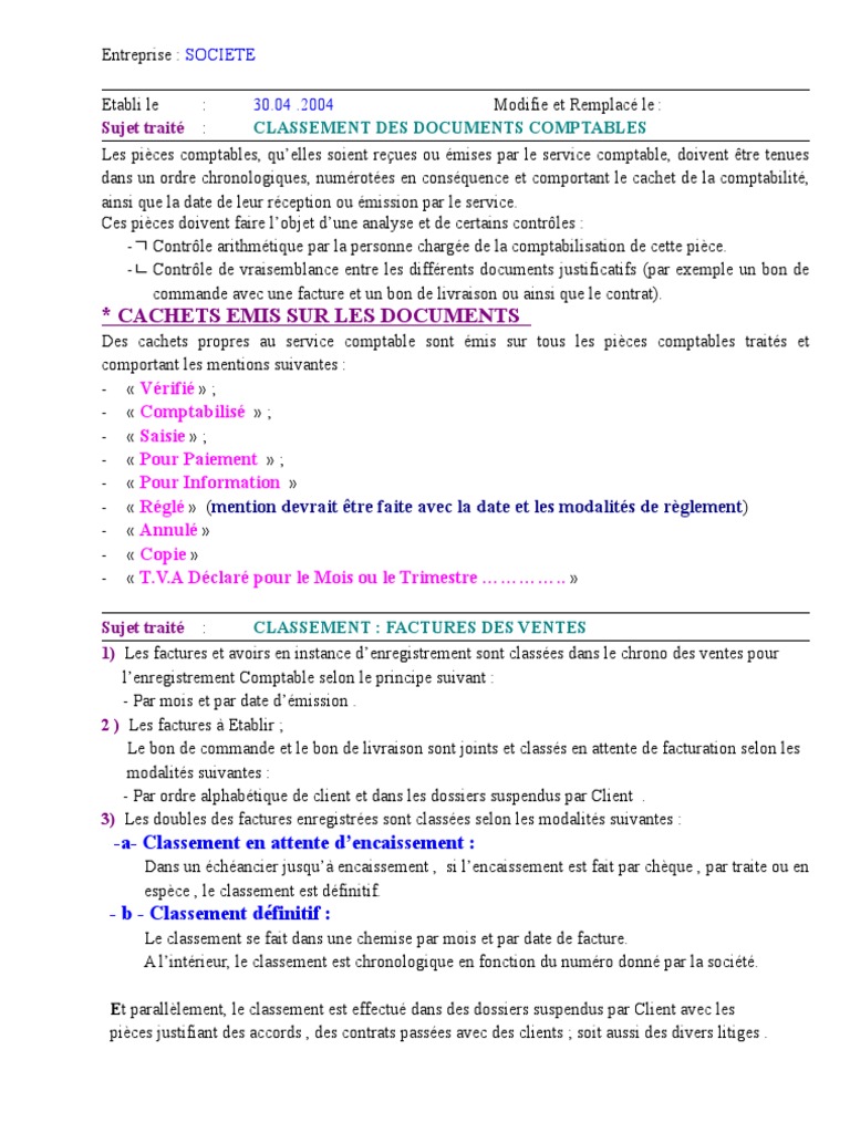 Classement Documents Comptables.doc | Chèque | Facture