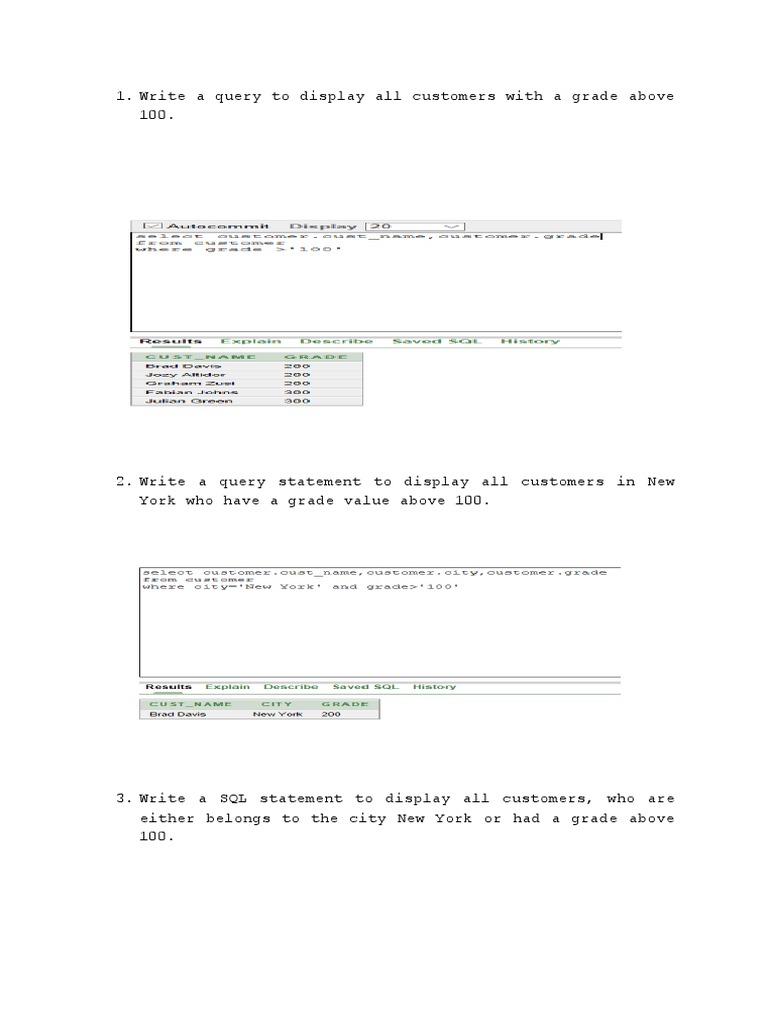 Write A Query To Display All Customers With A Grade Above 100 | PDF ...