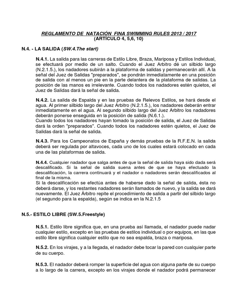 Reglas de Natación FINA 2013/2017 | PDF | Natación humana | Nadando