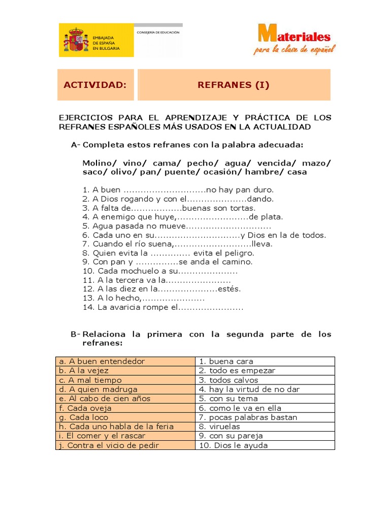 Ejercicios de Refranes Españoles | PDF | Alimentos
